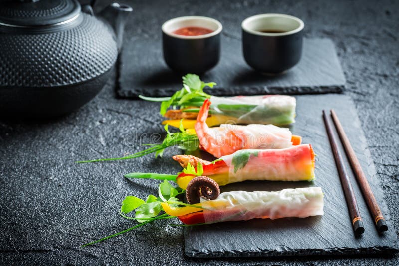 Fresh Spring Rolls Wrapped in Rice Paper Stock Photo - Image of ...