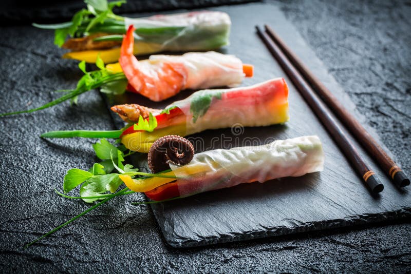 Fresh Spring Rolls Wrapped in Rice Paper Stock Photo - Image of food ...