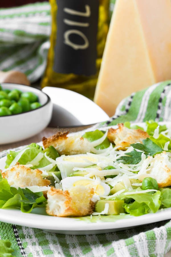 Fresh Spring Salad with Lettuce, Eggs, Cheese, Croutons, Green Stock ...