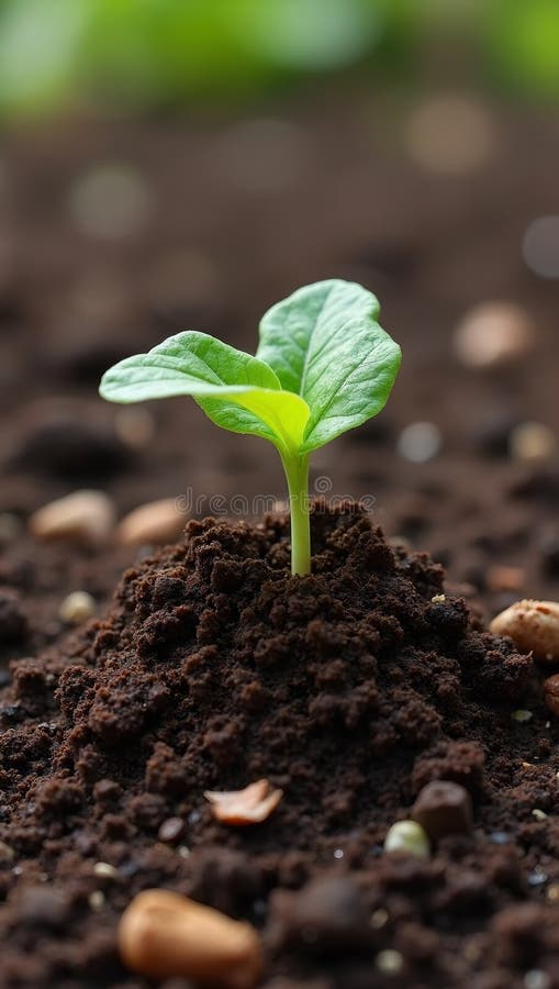 Fresh Sprout Emerging from Dark Compost Surrounded by Decaying Organic ...