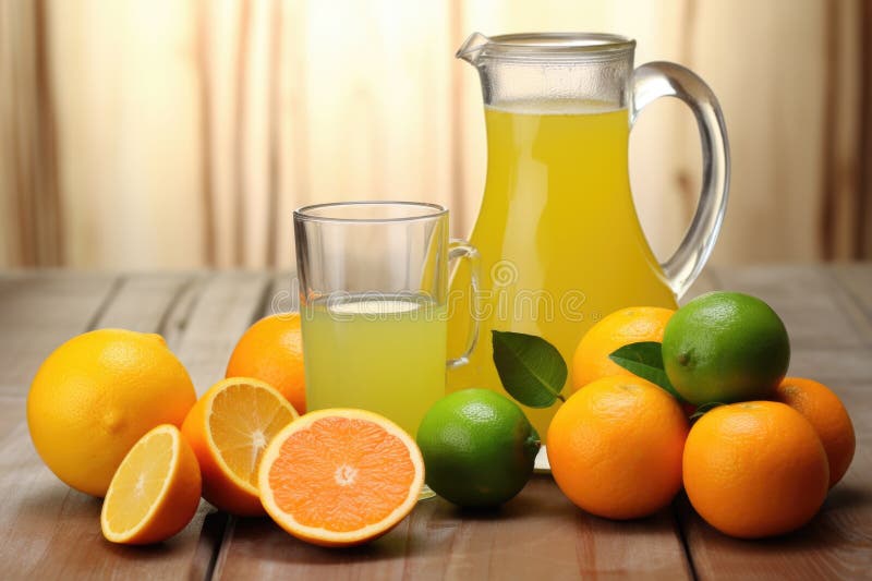 Fresh Squeezed Citrus Juice in Glass Pitcher Next To Fruit Stock Photo ...