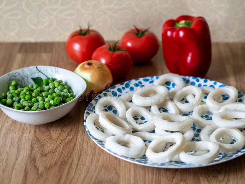 Fresh Squid Rings on a Plate and Vegetables Stock Image - Image of diet ...