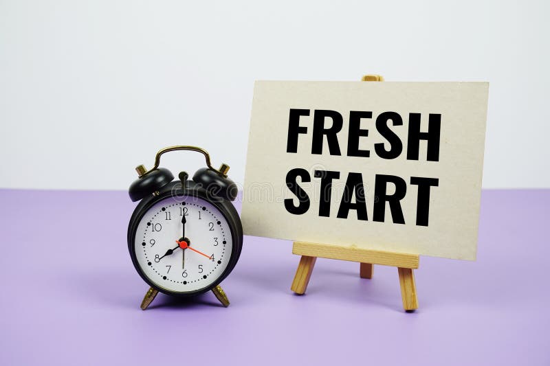 Fresh Start Text Paper Card Alarm Clock Purple Background Stock Photos ...