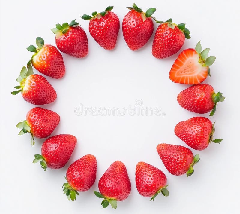 Fresh Strawberries Arranged in a Circular Pattern on a White Background ...