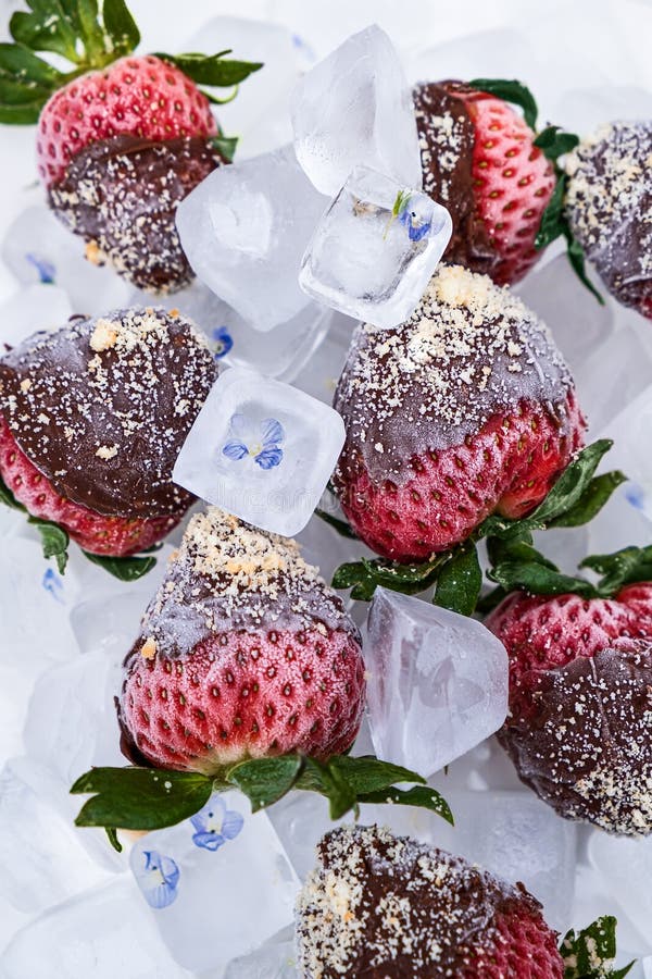 Fresh Strawberries Dip in Chocolate Dip with Nuts on Ice. Cold Fresh ...