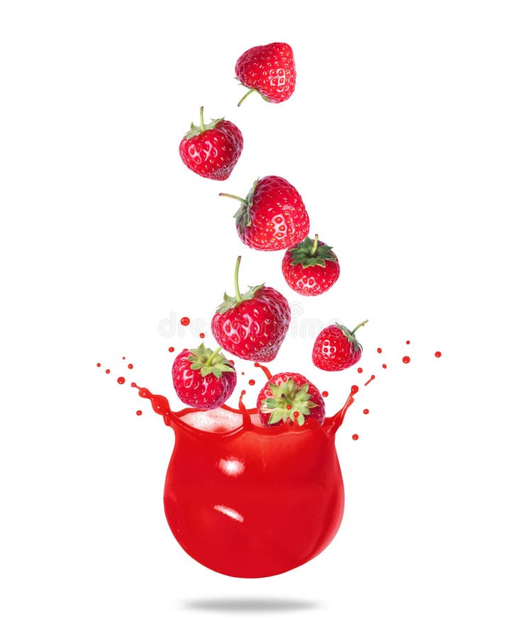 Fresh Strawberries Falling in Splashes of Juice Isolated on White ...