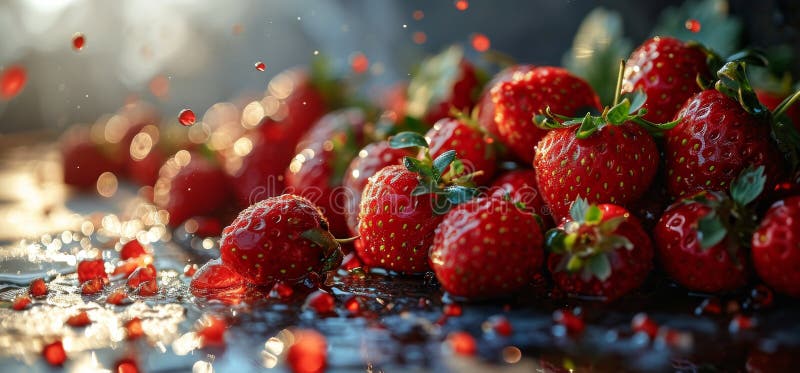 Fresh Strawberries Falling on the Table and Splashing on Them Stock ...