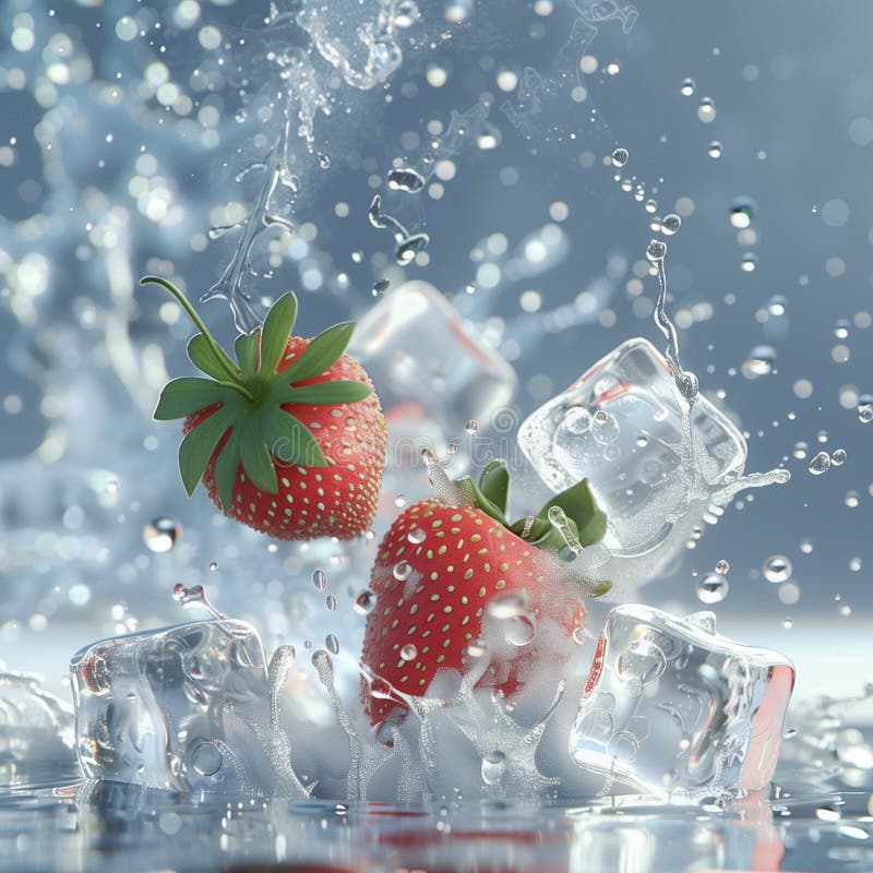 Fresh Strawberries and Ice Cubes Splashed in Water with a Cool Blue ...