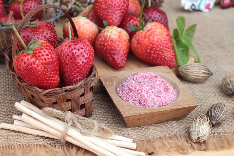 Fresh Strawberries Red at Delicious and Plum Powder. Stock Photo ...