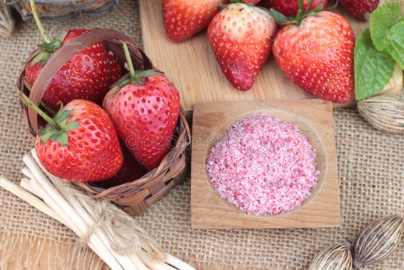 Fresh Strawberries Red at Delicious and Plum Powder. Stock Image ...