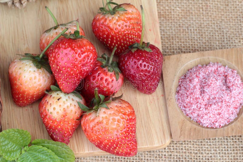 Fresh Strawberries Red at Delicious and Plum Powder. Stock Photo ...