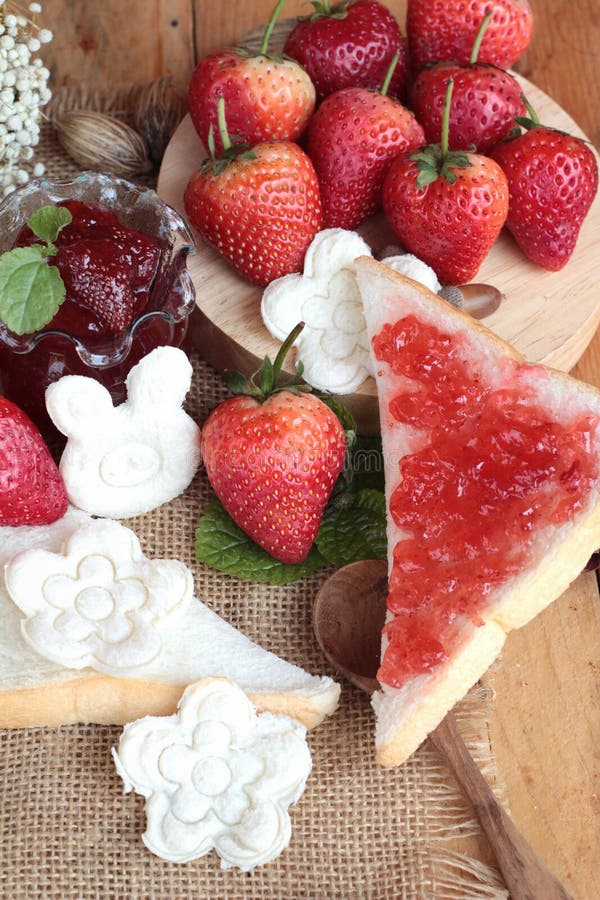 Fresh Strawberries Red and Jam with Bread. Stock Image - Image of wood ...