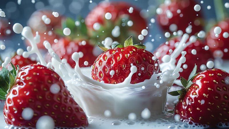 Fresh Strawberries Splash into a Pool of Milk, Creating a Vibrant and ...