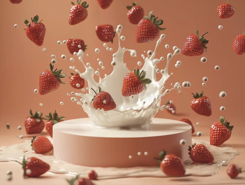 Strawberries Splashing into Cream Create a Vibrant and Dynamic Dessert ...