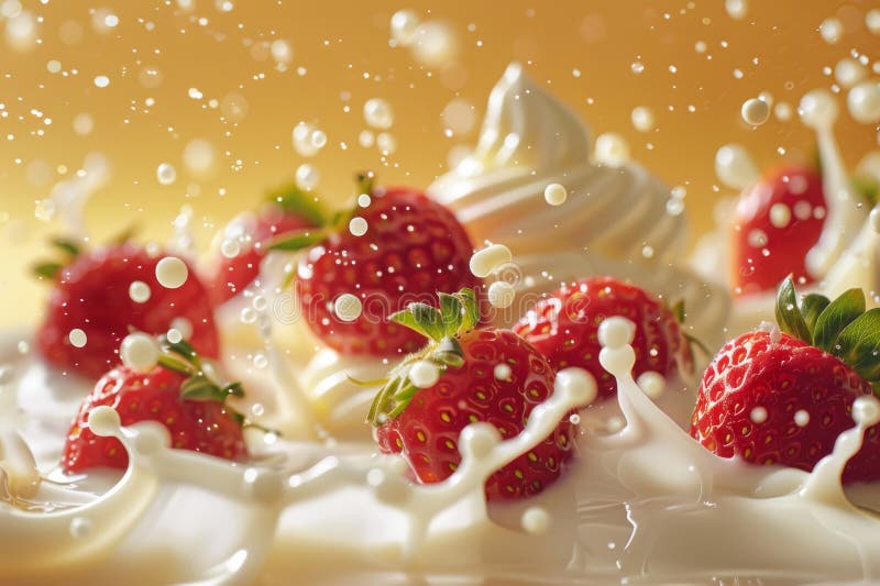 Fresh Strawberries Splashing into Creamy Milk with Vibrant Background ...
