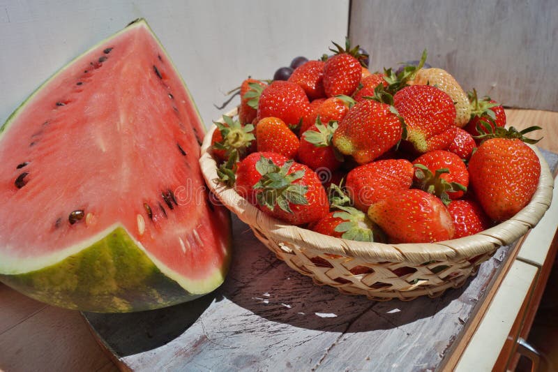 Fresh Strawberries and Watermelon Stock Photo - Image of basket ...