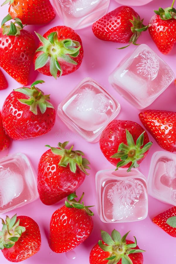 Fresh Strawberry in Ice Cube Inside. Pink Background Stock Photo ...