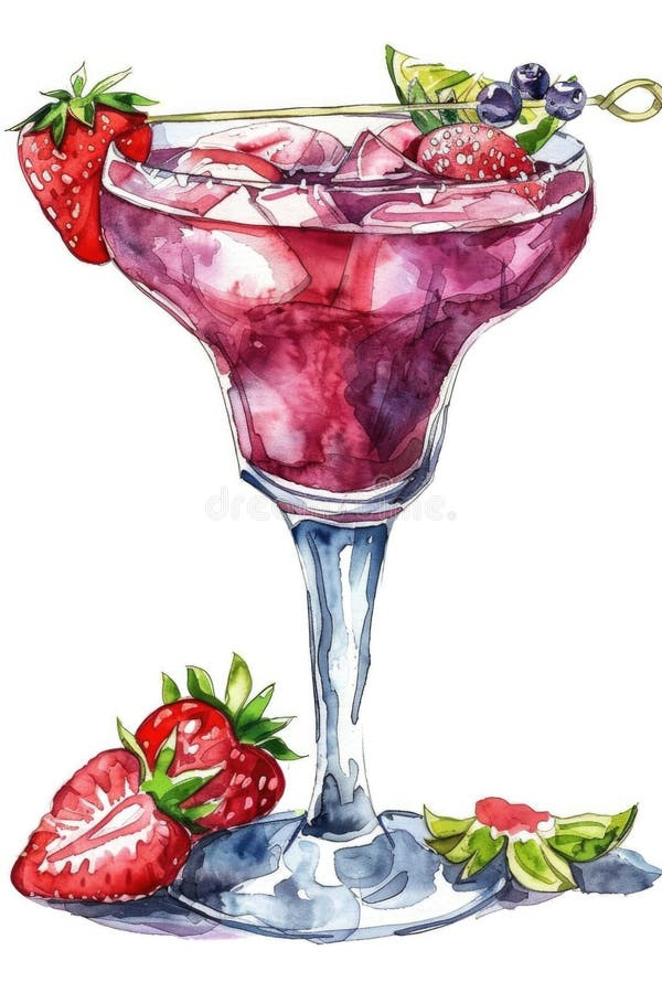 Fresh Strawberry Mint Cocktail Watercolor Illustration Stock ...