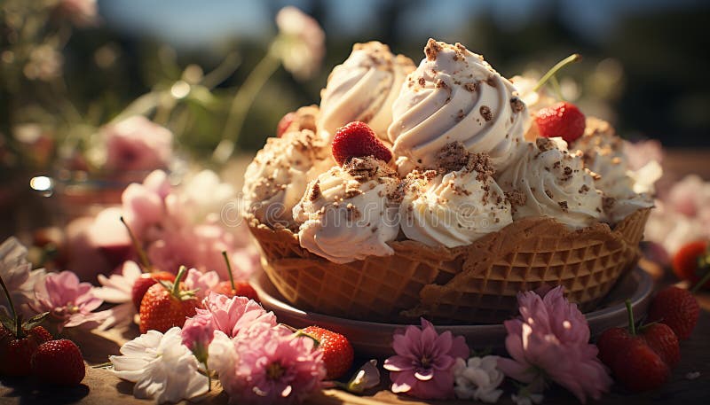 Fresh Strawberry and Raspberry Ice Cream on a Wooden Table Generated by ...