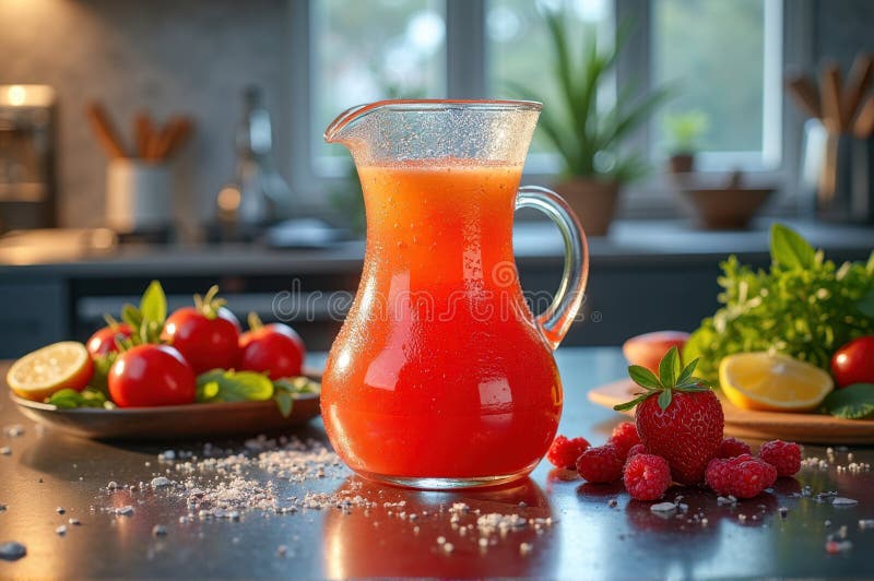 Fresh Strawberry and Raspberry Juice in Glass Pitcher with Tomatoes and ...