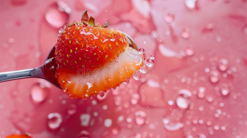 Fresh Strawberry on Spoon with Water Droplets Stock Image - Image of ...