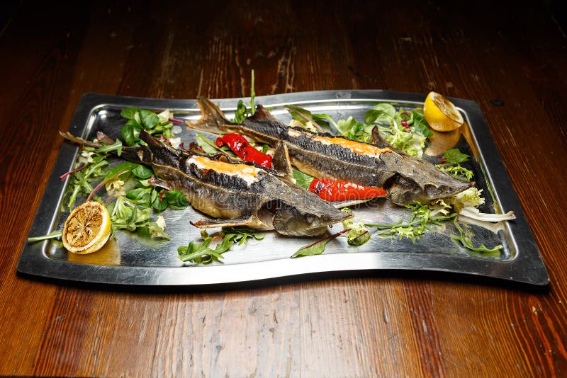 Fresh sturgeon grill stock image. Image of dish, green - 90206697