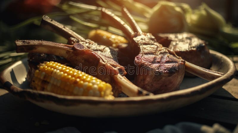 Fresh Succulent Lamb Chops and Grilled Corn Cob Dish - Generative AI ...