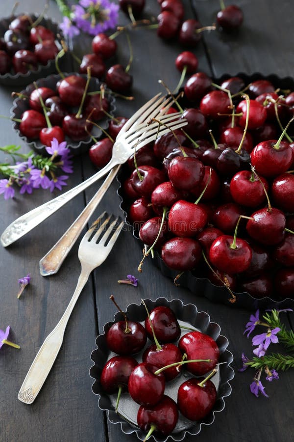 Fresh Summer Cherries and Flowers in Plates Stock Photo - Image of ...