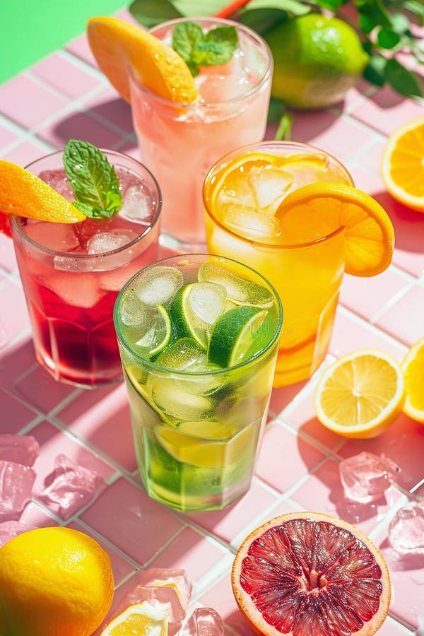 Fresh Summer Cocktails with Fruit Slices and Ice Stock Image - Image of ...