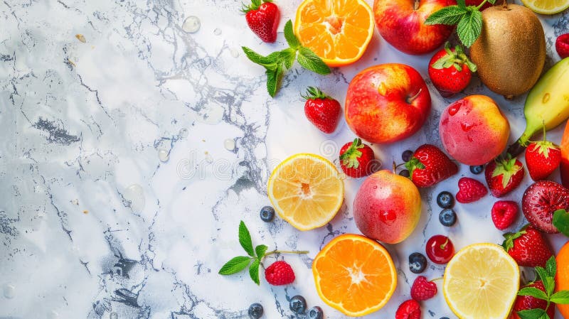 Fresh Summer Fruit Layout with a Mix of Whole and Sliced Fruits Stock ...