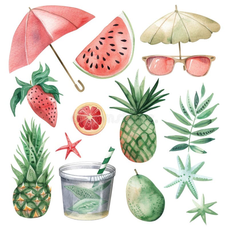 Fresh Summer Fruits and Refreshing Drinks with Watercolor Illustrations ...