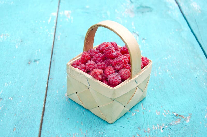 Fresh Summer Raspberry Fruit in Wooden Small Basket Stock Image - Image ...