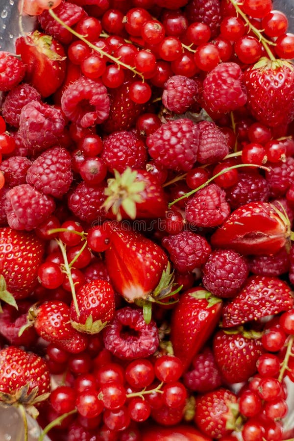Fresh Summer Red Fruit Background Composition. Strawberries, Red ...
