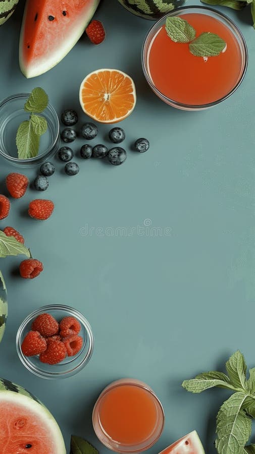 Fresh Summer Refreshments with Watermelon, Raspberry, Blueberry, Orange ...