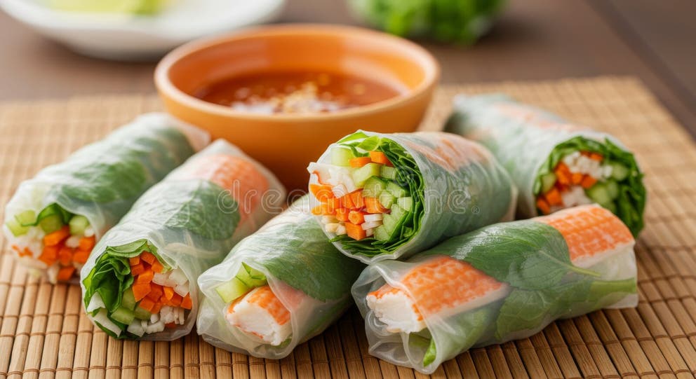 Fresh Summer Rolls with Crab Meat and Vegetables Stock Illustration ...