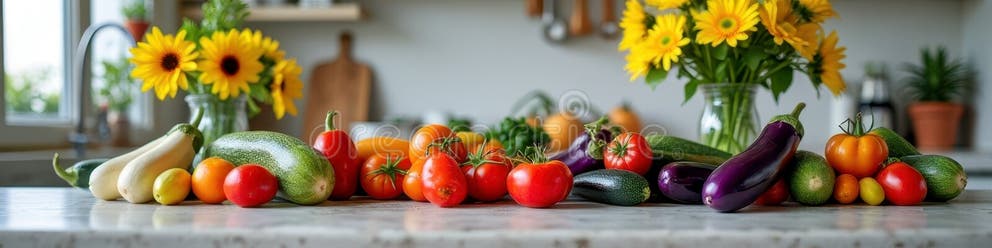 Fresh Summer Vegetables and Sunflowers on Marble Kitchen Countertop ...