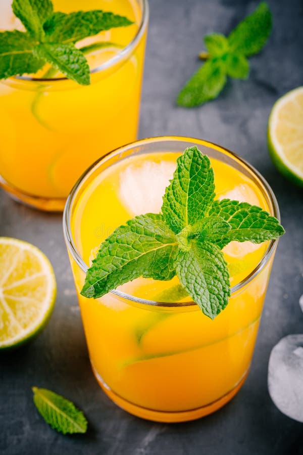 Fresh Summer Yellow Lemonade with Lime and Mint Stock Photo - Image of ...