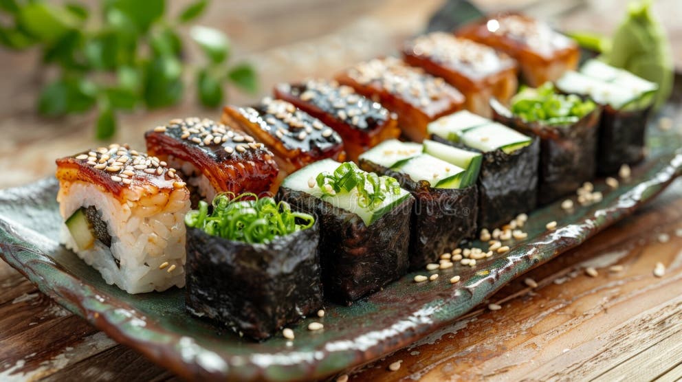 Sushi Platter Served on a Decorative Rectangular Plate Showcasing ...