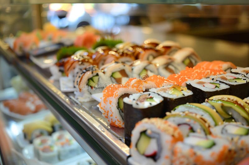 Fresh Sushi Display at a Japanese Diner Counter Stock Image - Image of ...