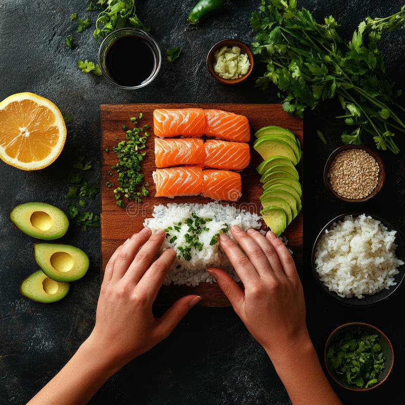 Fresh Sushi Preparation with Salmon, Avocado, and Rice on a Wooden ...