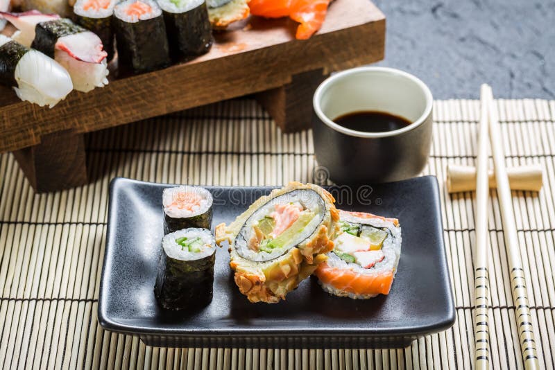 Fresh Sushi Served with Soy Sauce Stock Image - Image of fish, lunch ...