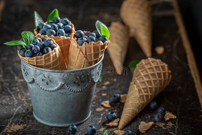 Fresh and Sweet Blueberries in Waffels As Ice Cream Concept Stock Image ...