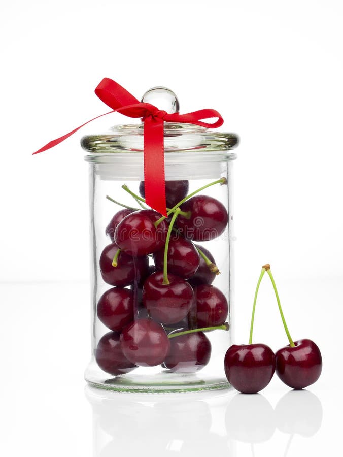 Red Cherry And A Glass Of Juice Stock Image - Image of branch, labels ...