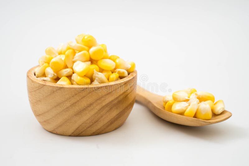 Fresh Sweet Corn in Wood Bowl and Spoon Isolated Stock Image - Image of ...