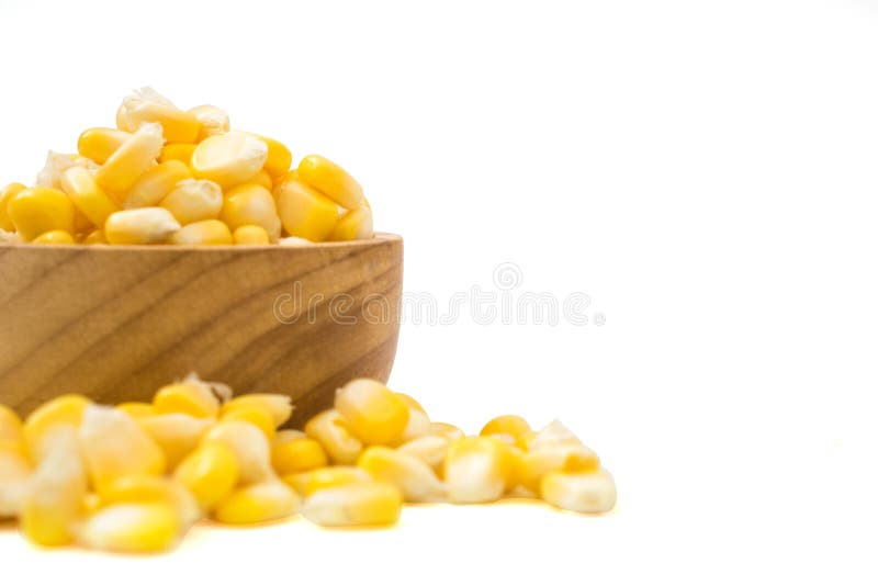 Fresh Sweet Corn in Wood Bowl and Spoon Isolated Stock Image - Image of ...