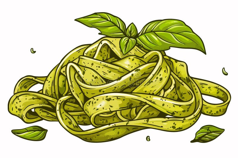 Fresh Tagliatelle Pasta with Basil Pesto Sauce Isolated Illustration ...