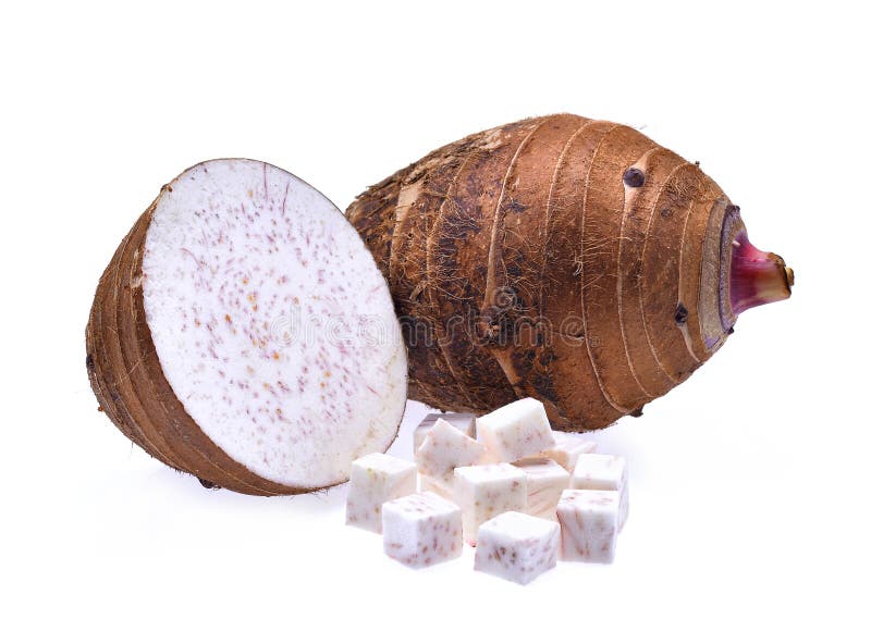 Fresh Taro with Cubes and Slice Isolated on White Background Stock ...