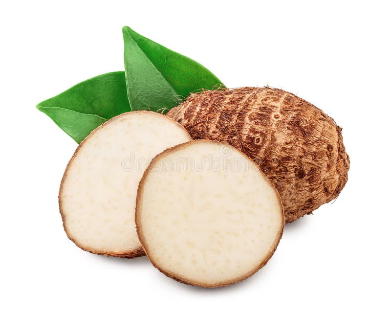 Fresh Taro Root with Slices and Leaf Isolated on White Background Stock ...