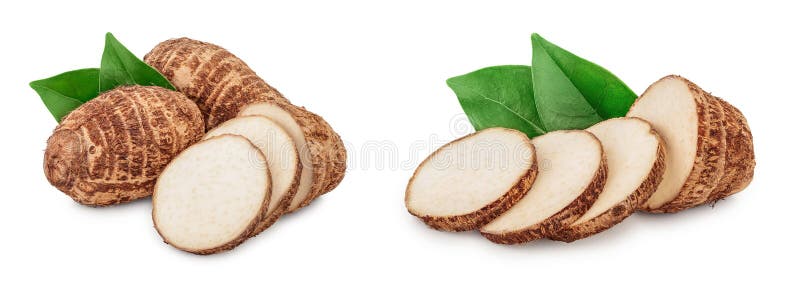 Fresh Taro Root with Slices and Leaf Isolated on White Background Stock ...