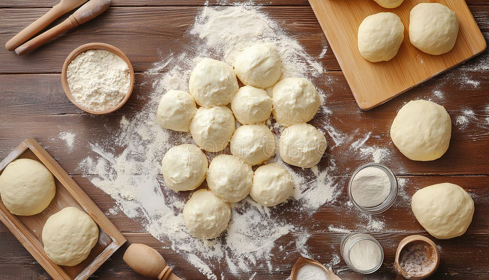Fresh Tasty Buns in Baking on Table, Top View Stock Image - Image of ...